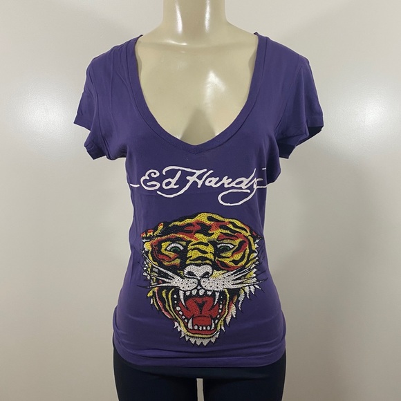 Ed Hardy | Tops | Ed Hardy Women Tiger Purple Shirt Rhinestone Vneck ...